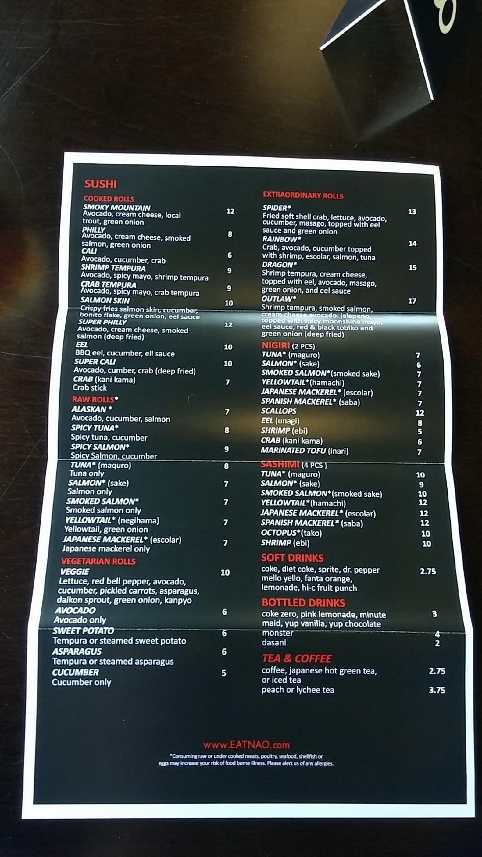 Menu at NAO Japanese Grill restaurant, Pigeon Forge