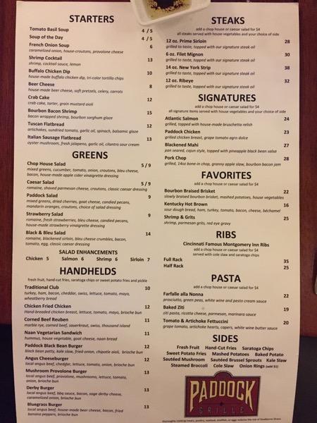 Menu at Paddock Grille restaurant, Lexington, Newtown Pike