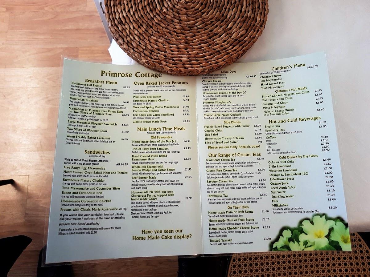 Menu at Primrose Cottage Café Tea & Coffee Shop cafe, Tintagel