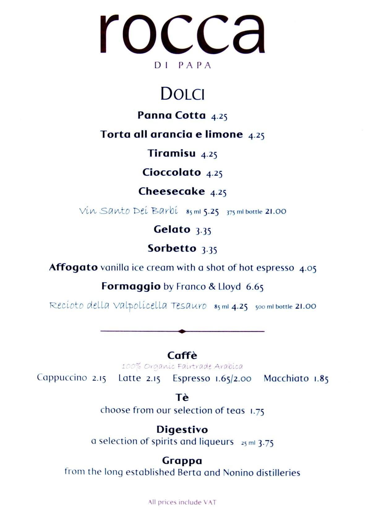 Menu at Rocca restaurant, London, 73 Old Brompton Rd