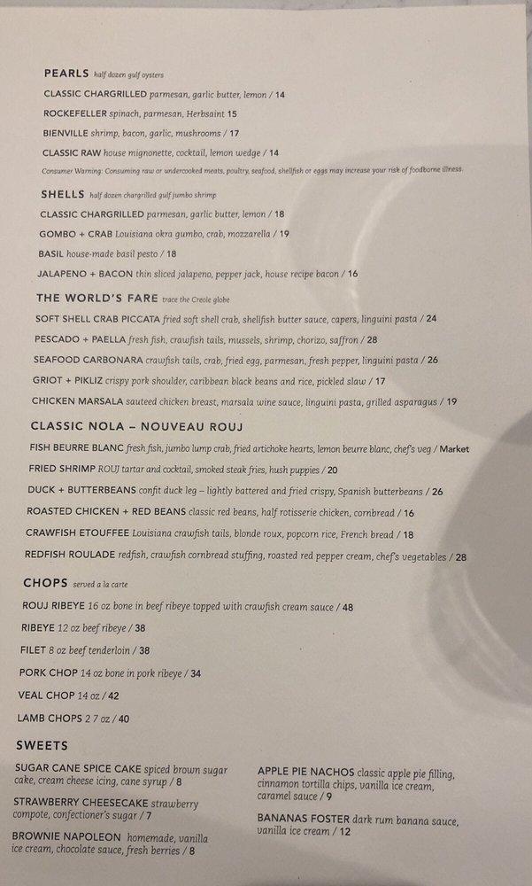Menu at Rouj Creole restaurant, Baton Rouge