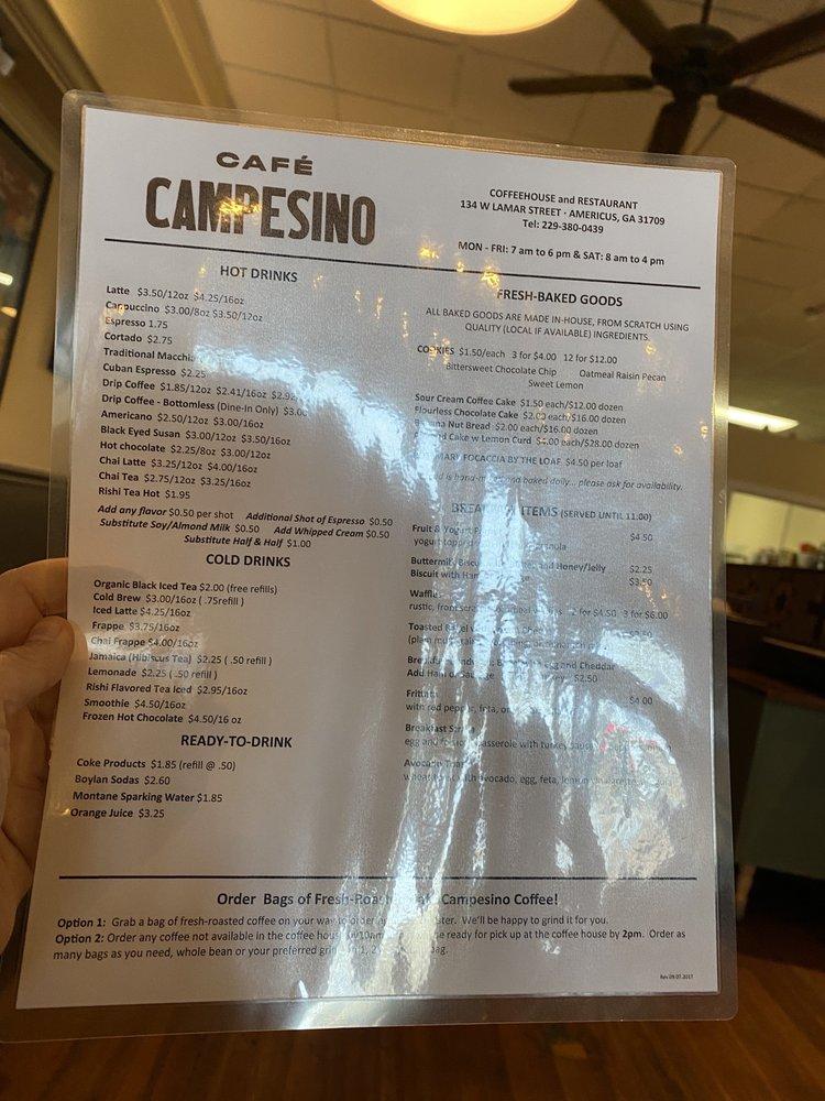 Menu at Cafe Campesino Coffeehouse, Americus