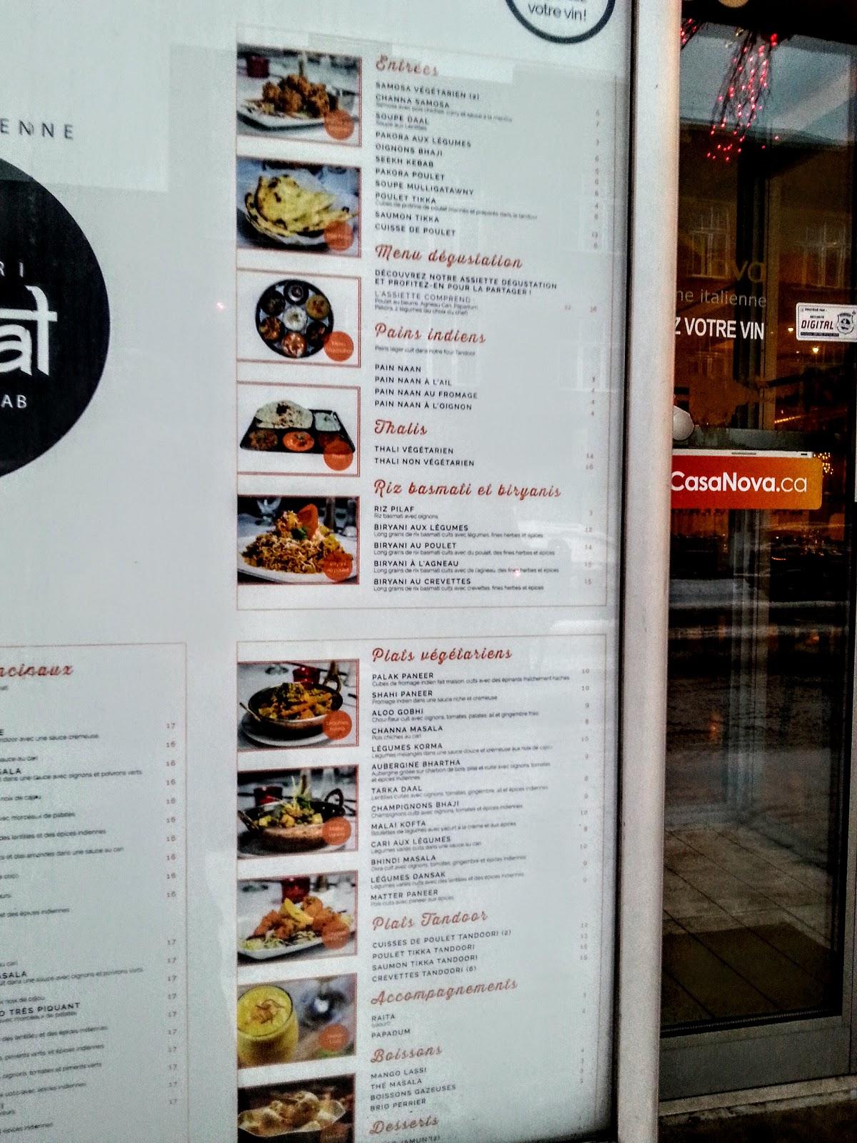 Menu au Tandoori Mahal Restaurant Indien, Montréal, Rue Bélanger