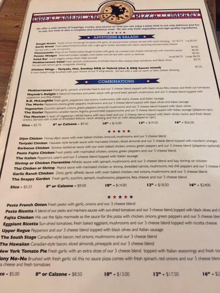 Menu at The Great American Pizza Company pizzeria, Ashland