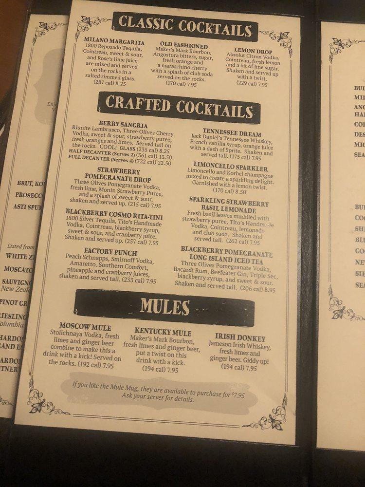 Menu at The Old Spaghetti Factory restaurant, Wichita