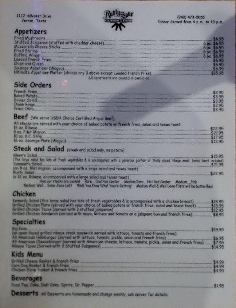 Menu at The Rusty Spur Steakhouse & Saloon, Vernon