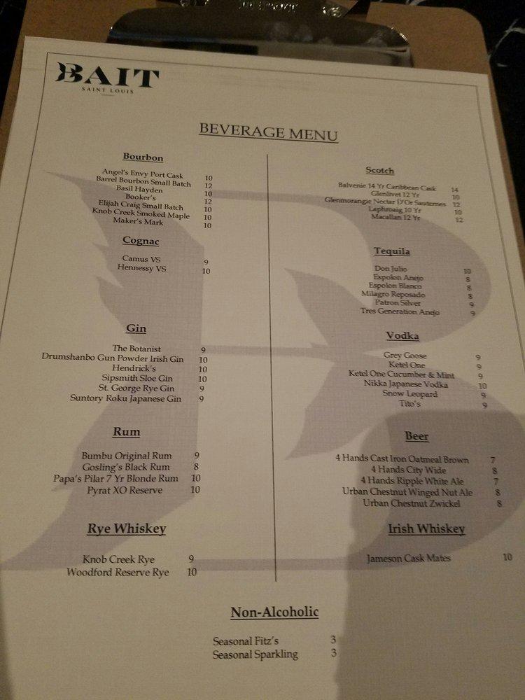 Menu at Bait pub & bar, St. Louis, Lindell Blvd