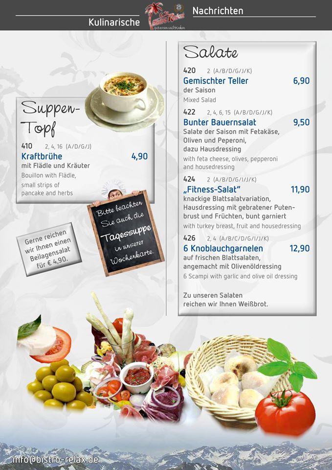 Speisekarte von Bistro Relax restaurant, Oberstdorf, Walserstraße 1