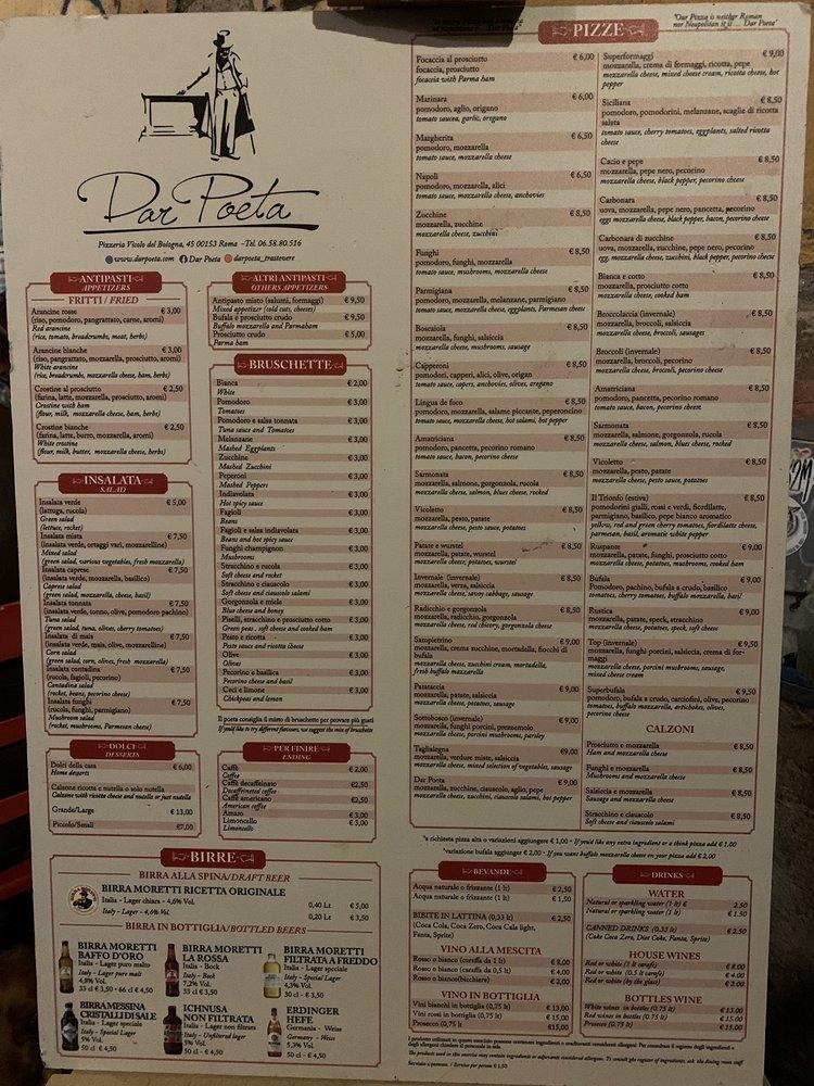 Menu at Pizzeria Dar Poeta, Rome, Vicolo del Bologna