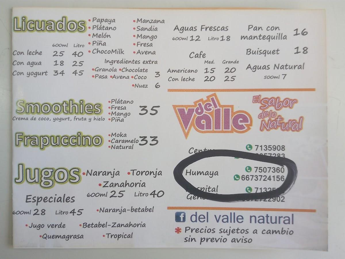 Menu at Del Valle Natural tortas licuados ensaladas restaurant, Culiacán