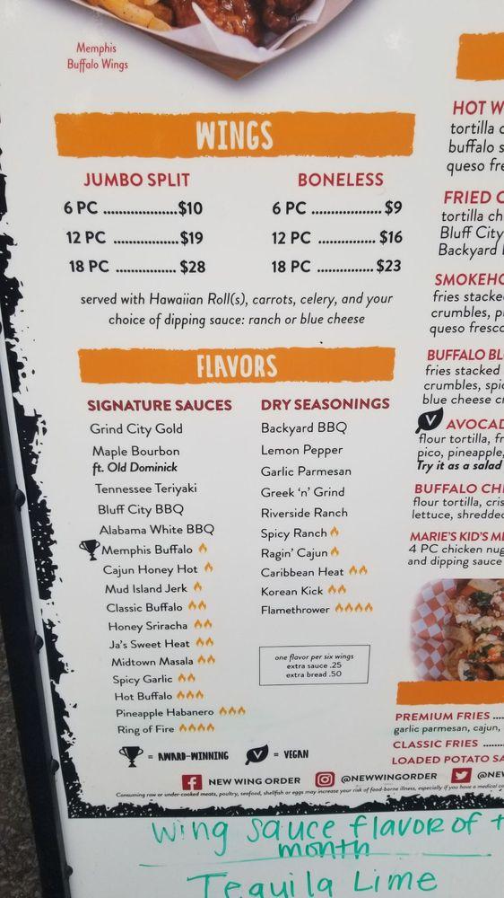 Menu at New Wing Order, Memphis