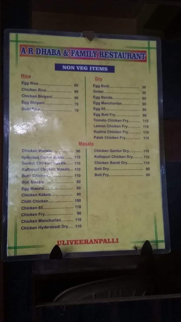 Menu at A.R. DHABA, India