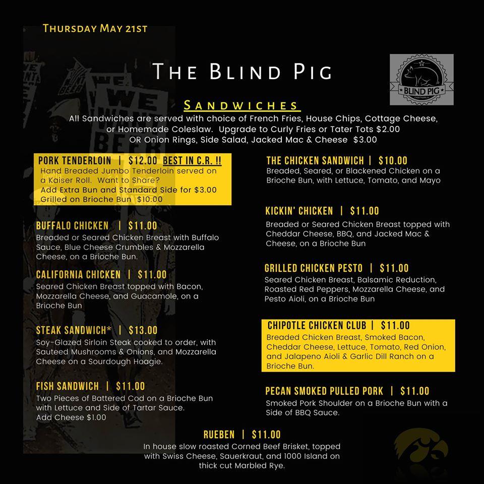Menu at The Blind Pig pub & bar, Cedar Rapids