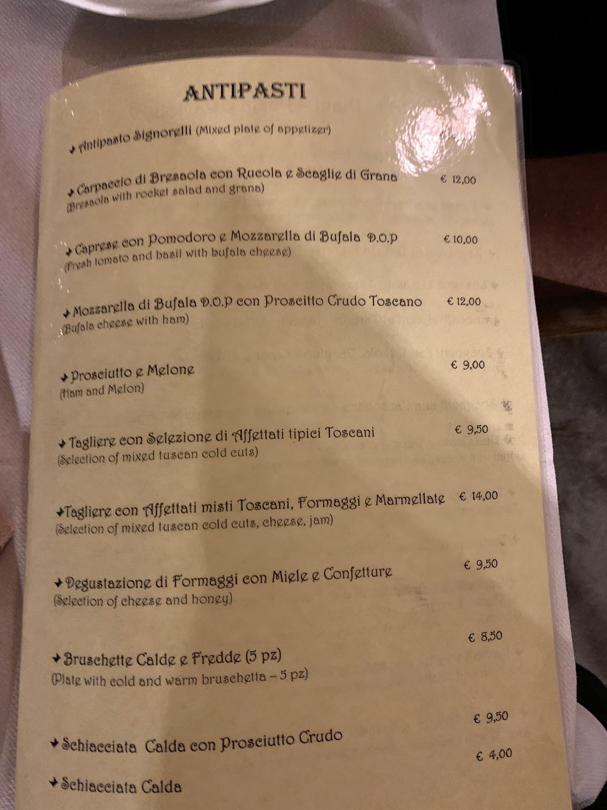 Menu da Caffè del Teatro ristorante, Cortona