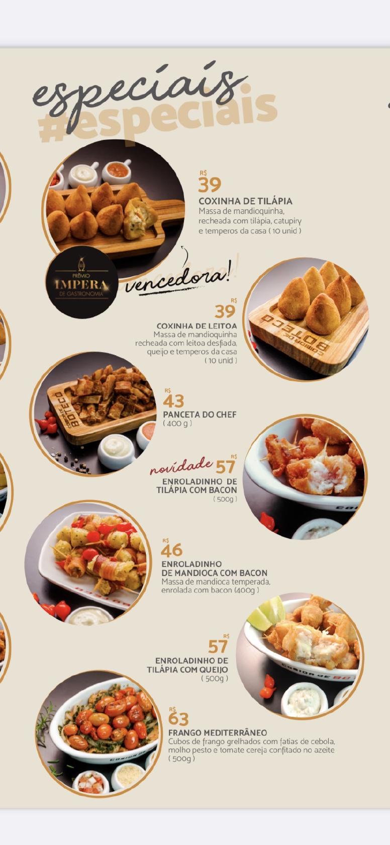 Carta del pub y bar Comida del Boteco, Bauru