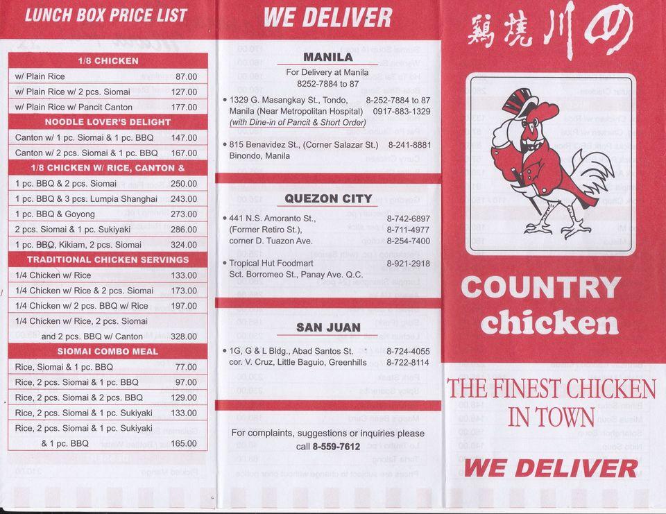 Menu at Country Chicken restaurant, Manila, Masangkay St