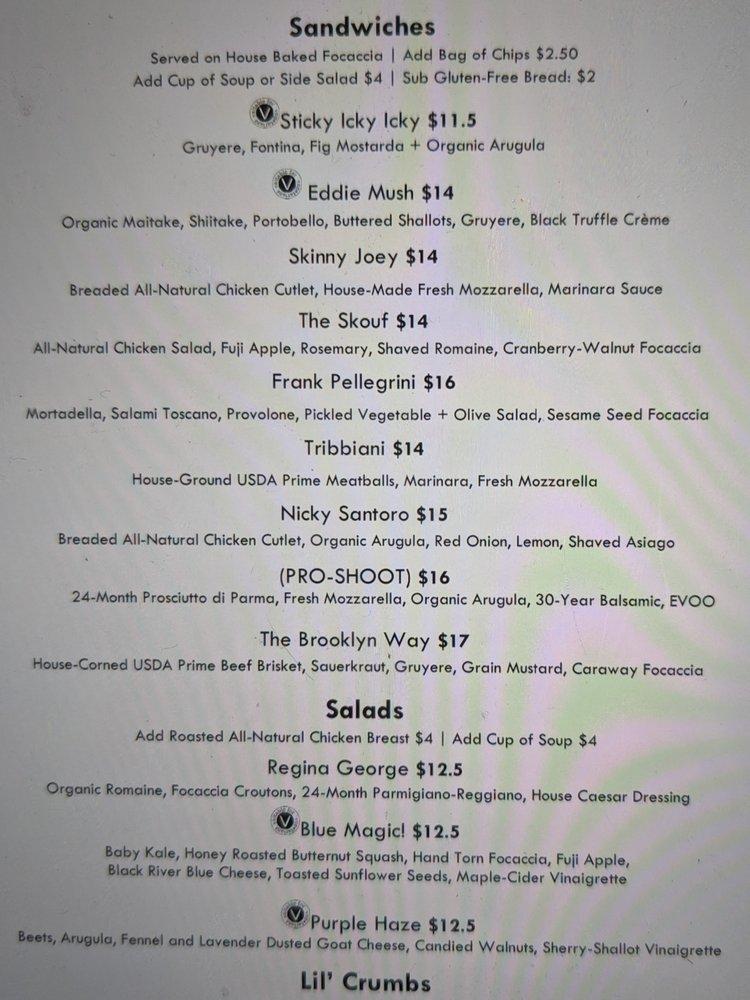 Menu at Crumb, Haddonfield