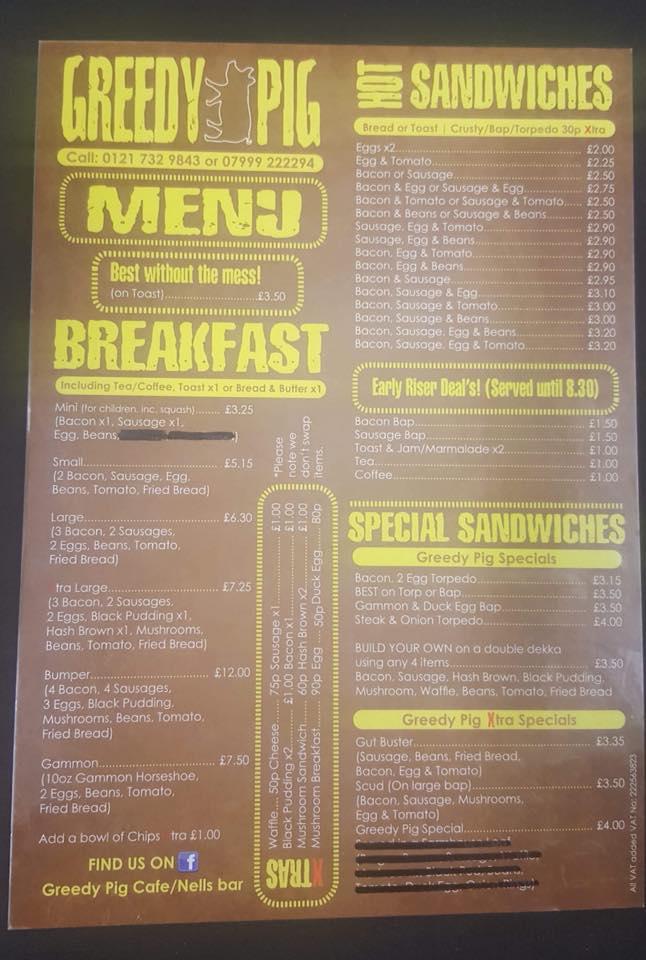 Menu at Greedy Pig Cafe, Willenhall, 1 Gipsy Ln