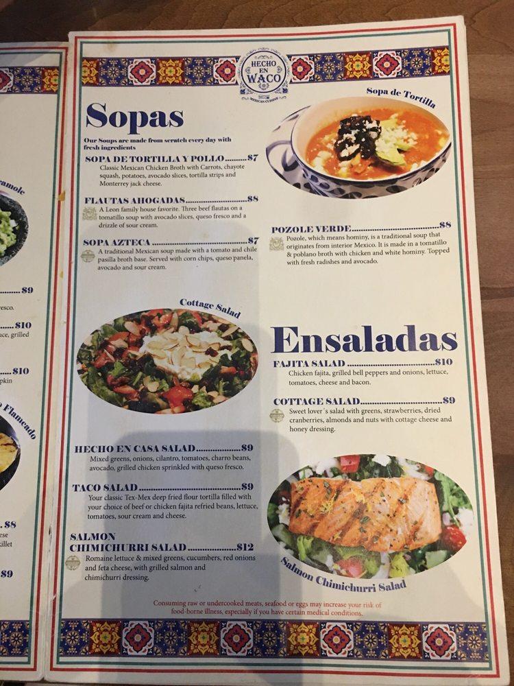 Menu at Hecho En Waco Mexican Cuisine restaurant, Waco