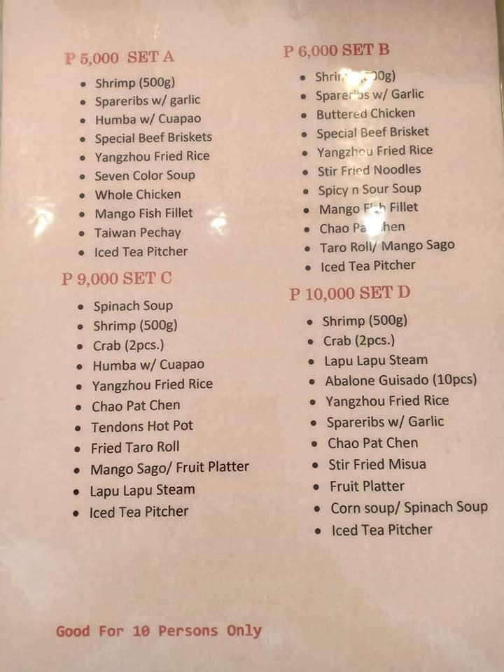 Menu at Minnan Seafood restaurant, Cebu City