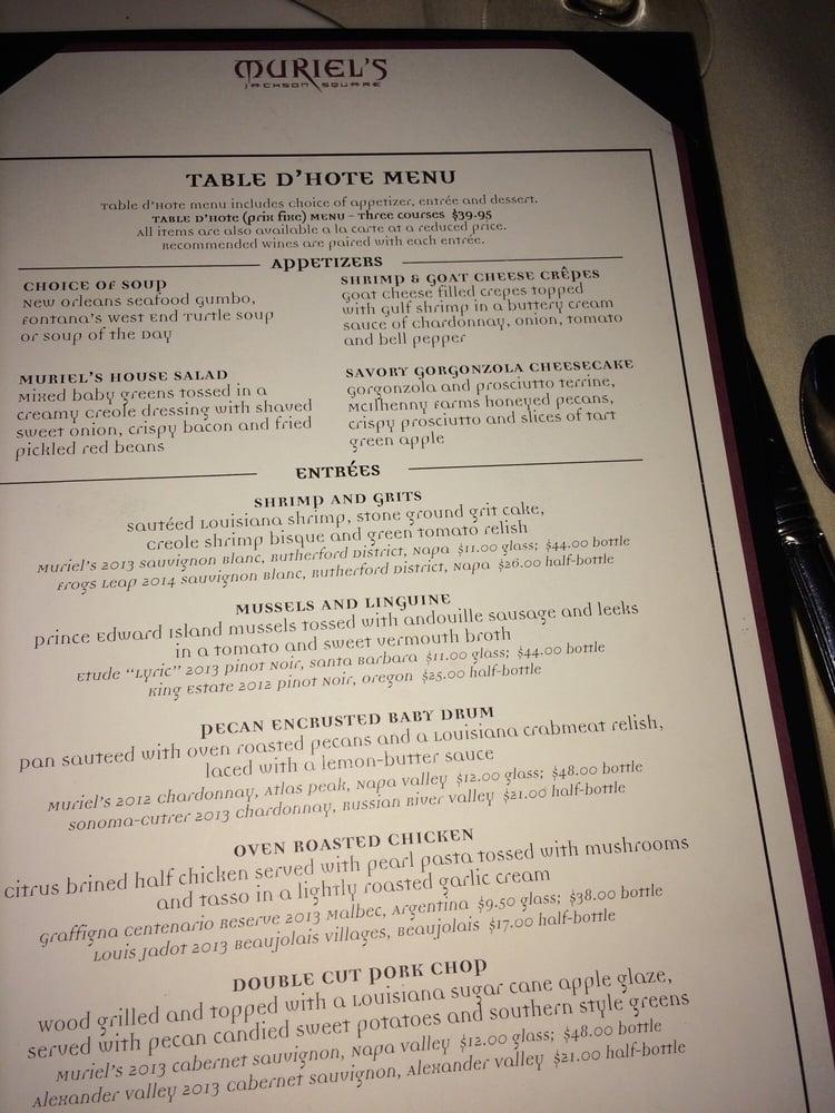Menu at Muriel's Jackson Square restaurant, New Orleans