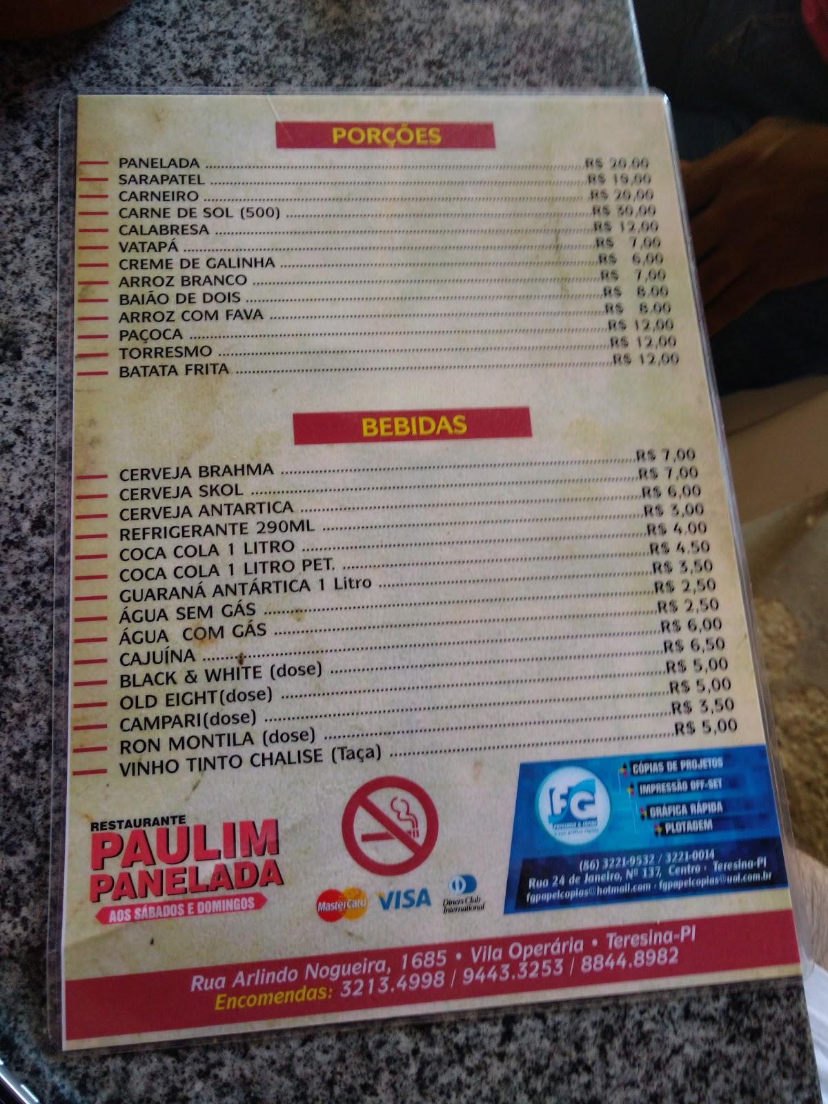 Menu at Paulinho Panelada pub & bar, Teresina
