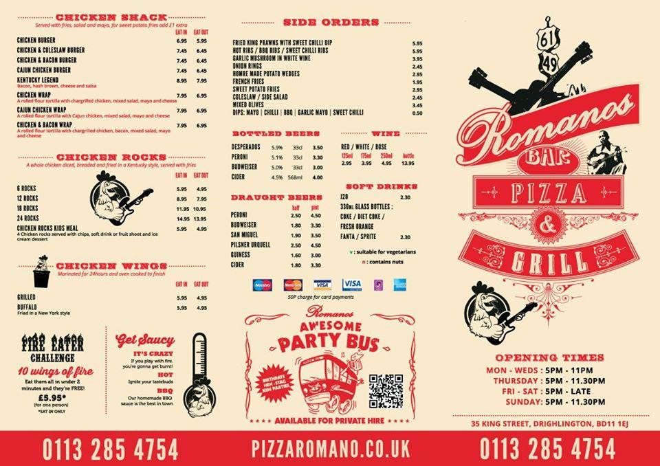 Menu at Romano's pub & bar, Drighlington