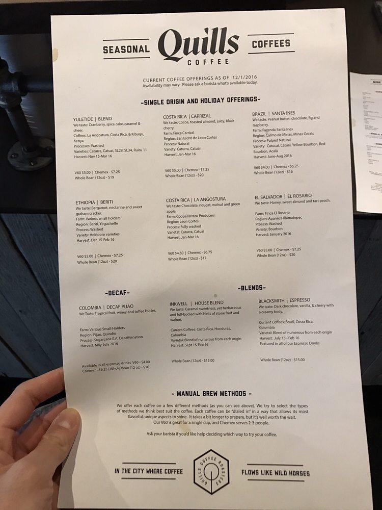Menu at Quills Coffee cafe, Indianapolis