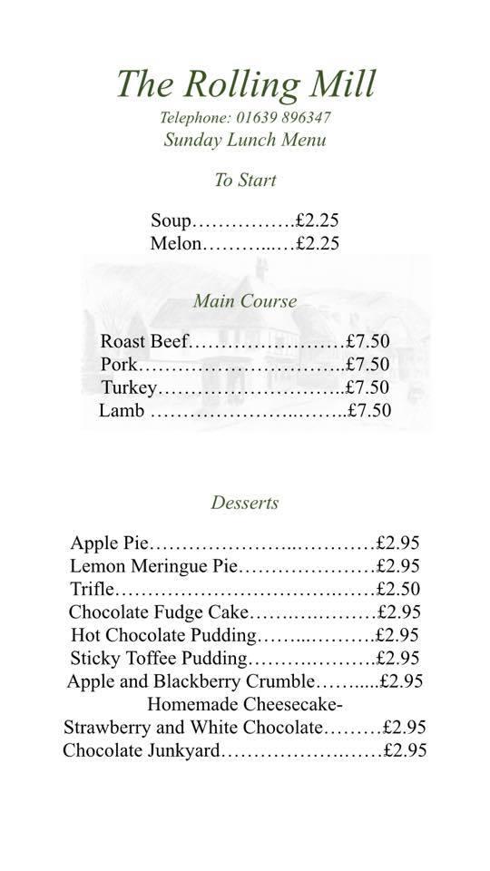 Menu at Rolling Mill pub & bar, Port Talbot