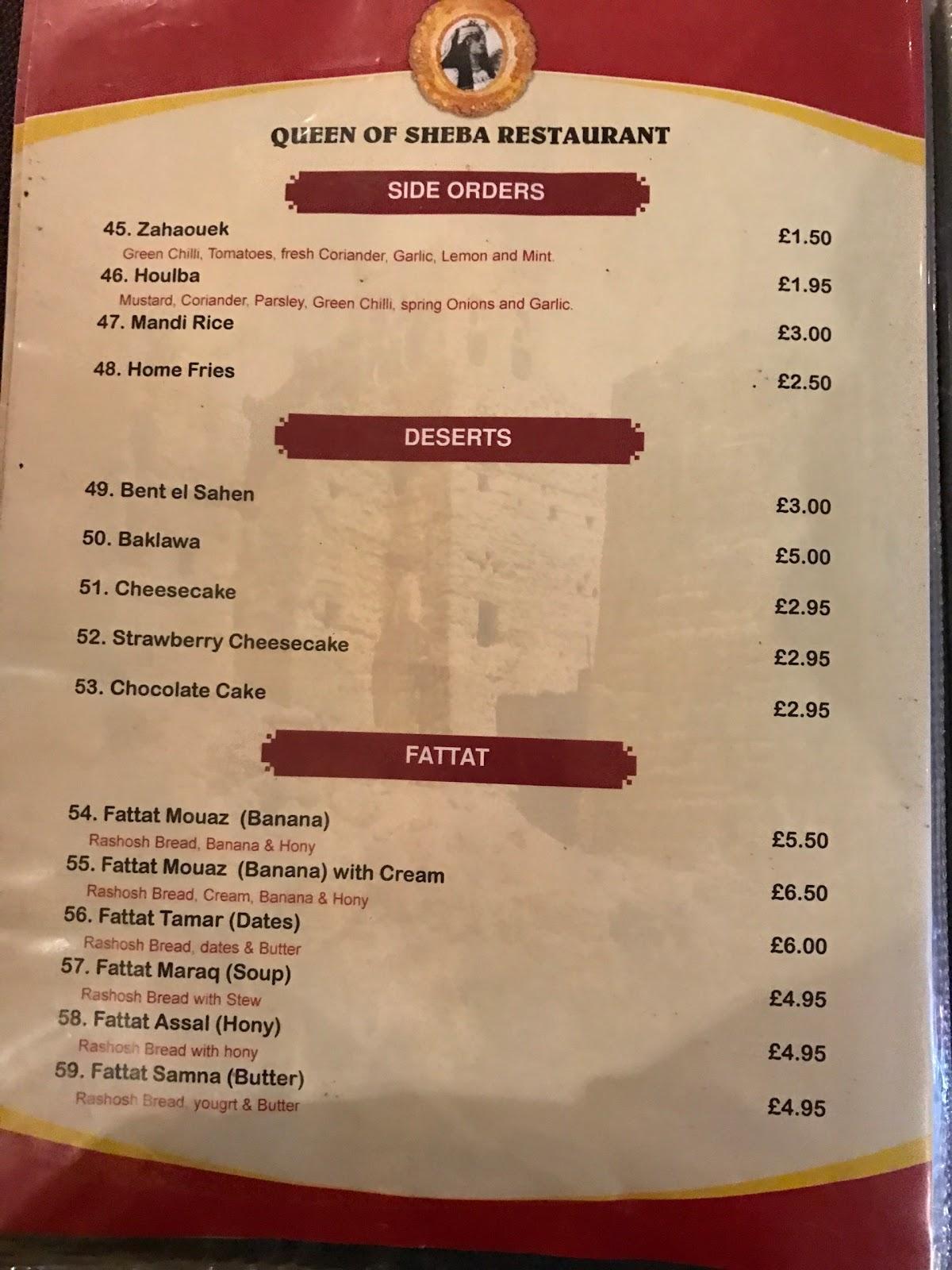 Menu at Saba Restaurant, London
