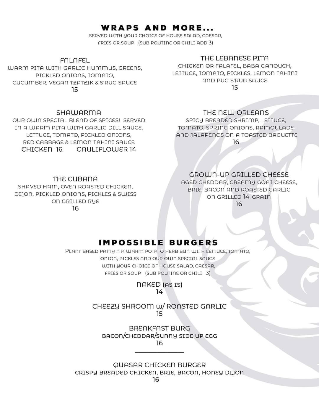 Menu at The Hungry Pug Cafe, Kenora
