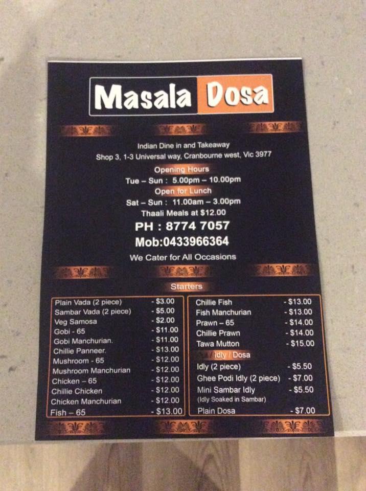 Menu at Masala Dosa restaurant, Cranbourne West