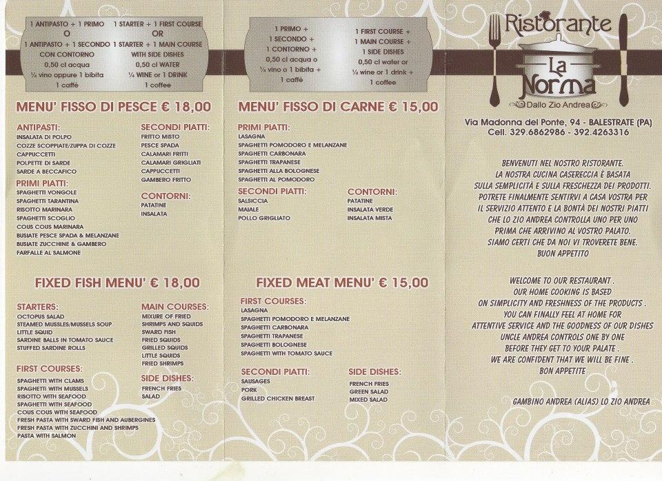 Menu da Ristorante La Norma, Balestrate