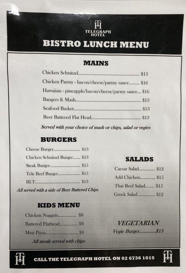 Menu at Telegraph Hotel, Tenterfield pub & bar, Tenterfield