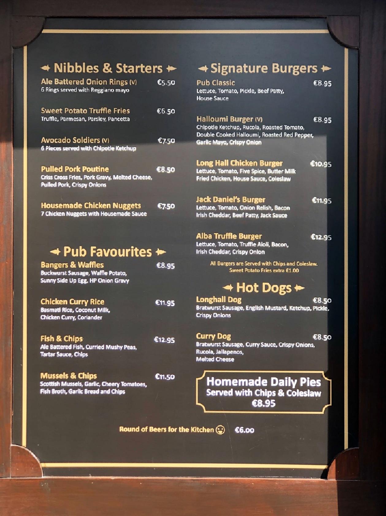 Menu at The Long Hall Irish Pub, Saint Julian's, WFFQ+FRM