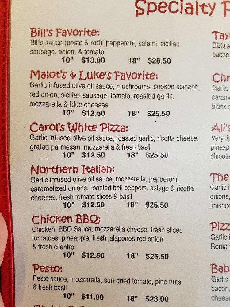 Menu at Bill's Pizza pizzeria, Palm Springs