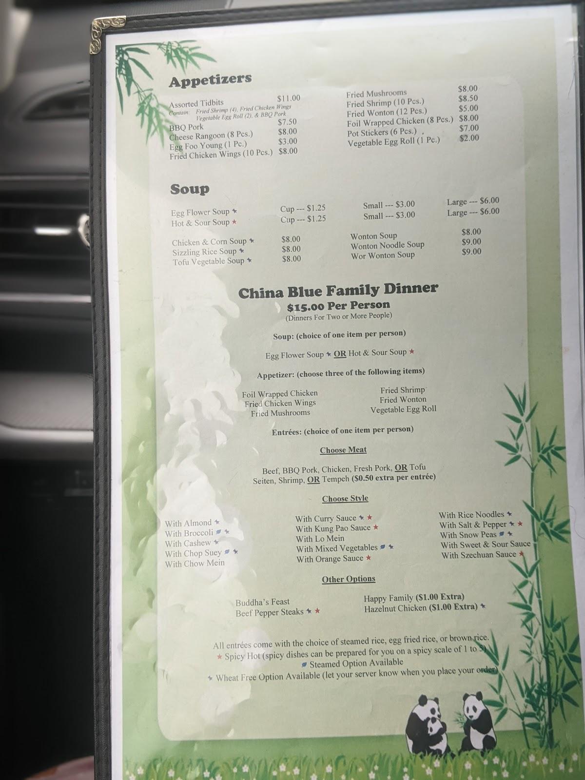 Menu at China Blue restaurant, Corvallis