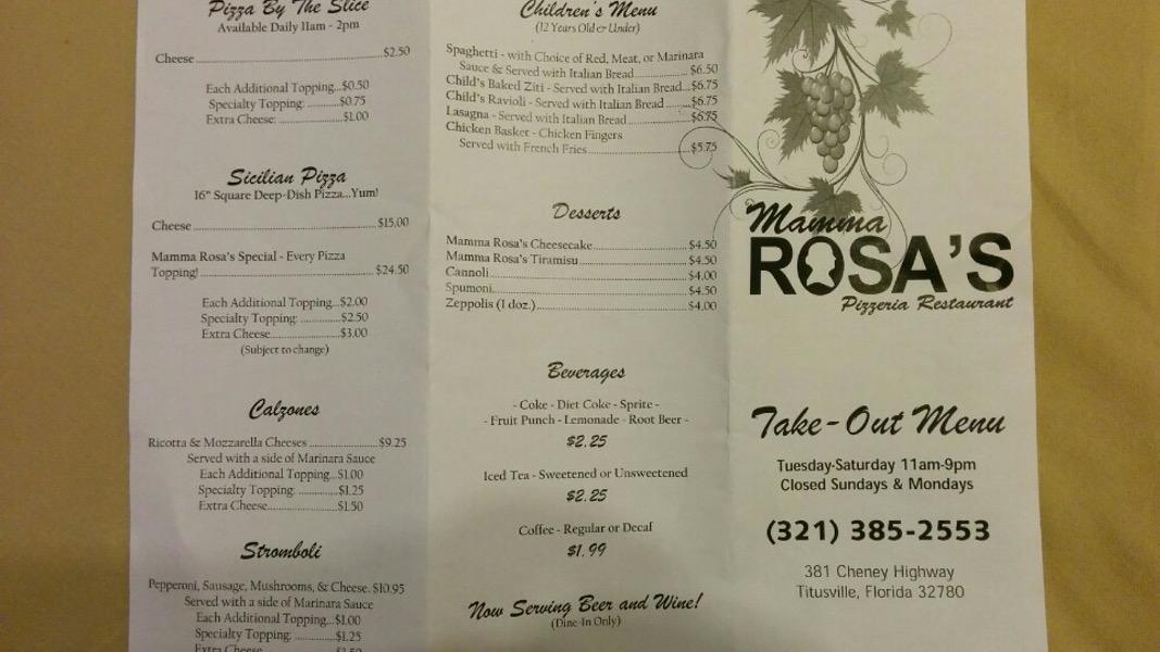 Menu at Mamma Rosa's Pizza & Restaurant, Titusville
