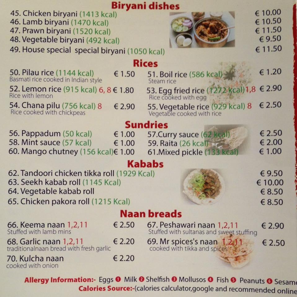 Menu at Mr Spice restaurant, Dublin