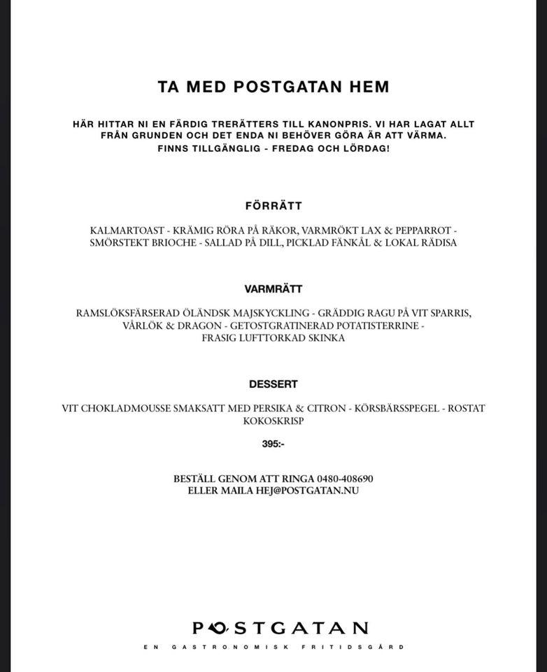 Menu at Postgatan restaurant, Kalmar