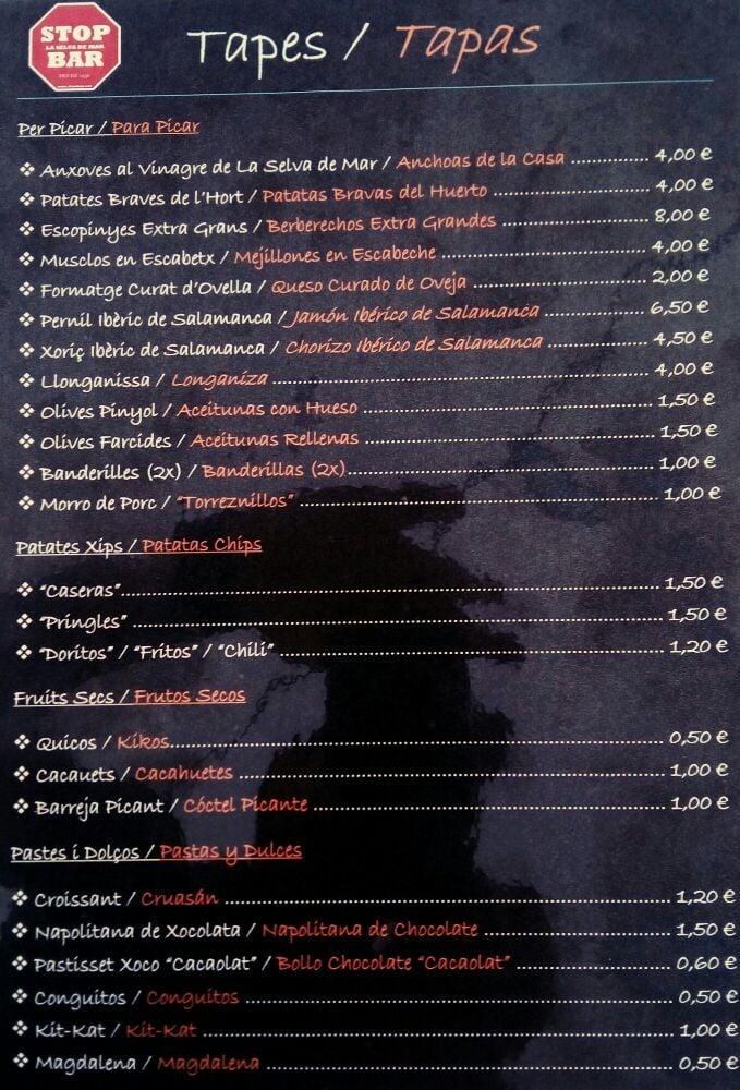 Menu at Stop Bar, La Selva de Mar