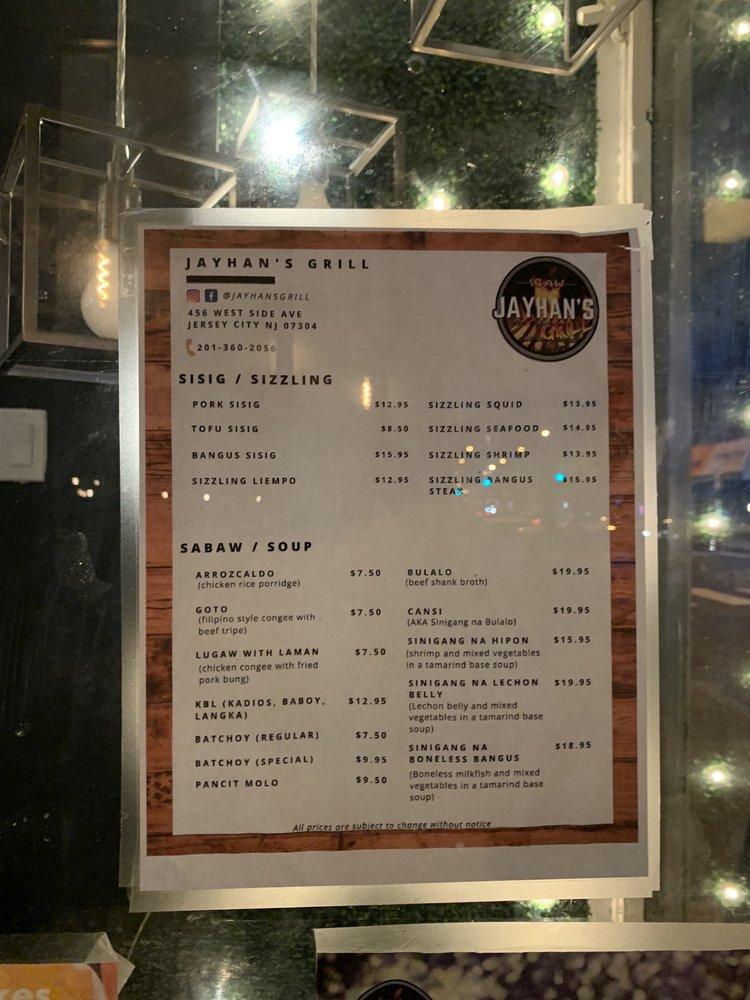 Menu at Jayhan's Grill restaurant, Jersey City