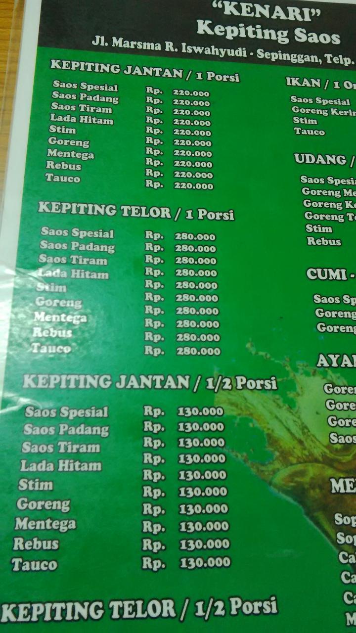 Menu at Restoran Kepiting Kenari restaurant, Balikpapan, Jl. Marsma R ...
