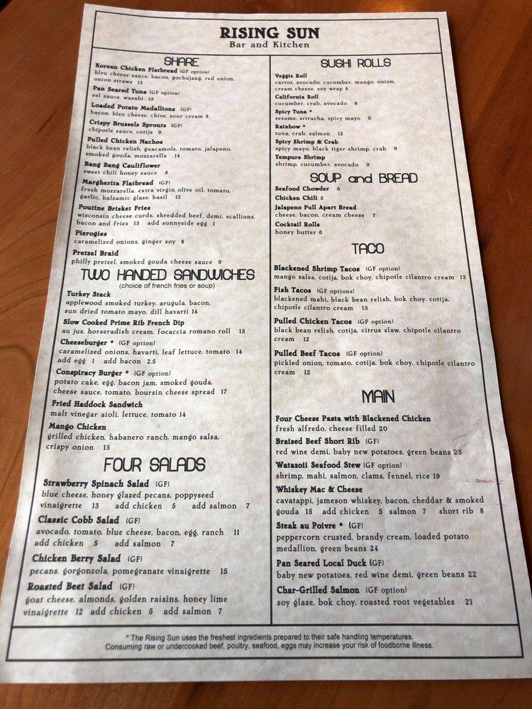 Menu at Rising Sun Bar & Kitchen, Campbelltown