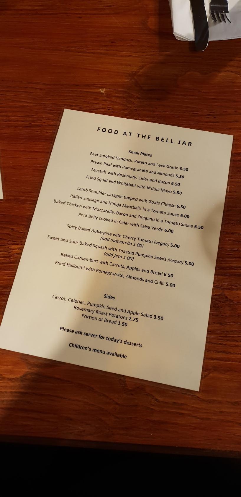Carta del pub y bar The Bell Jar, Glasgow