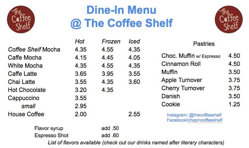 Menu at The Coffee Shelf cafe, Chapin