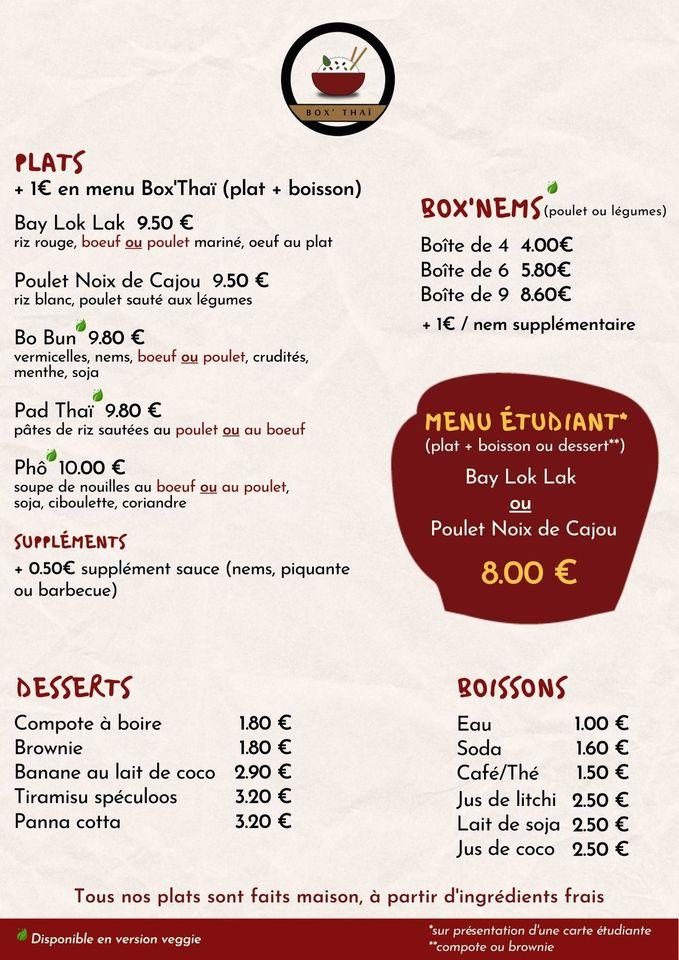 Menu at Box'Thaï x Bangkok restaurant, Amiens
