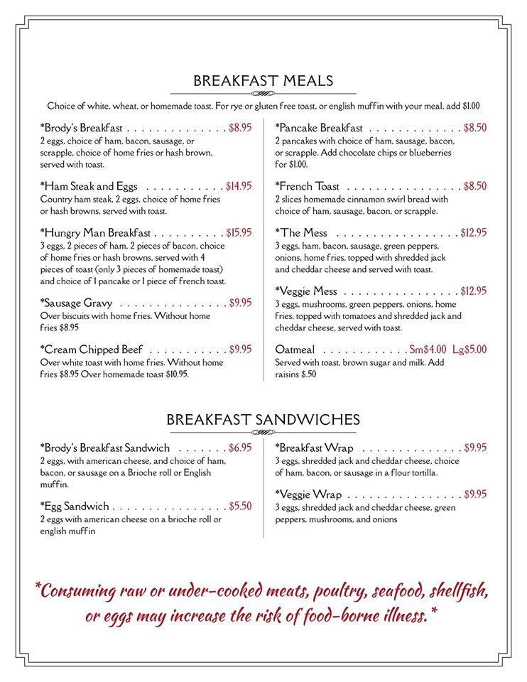 Menu at Earlystown Diner restaurant, Centre Hall