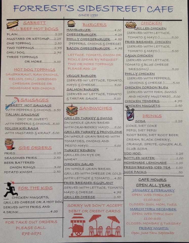 Menu at Forrest Sidestreet Cafe, Patterson