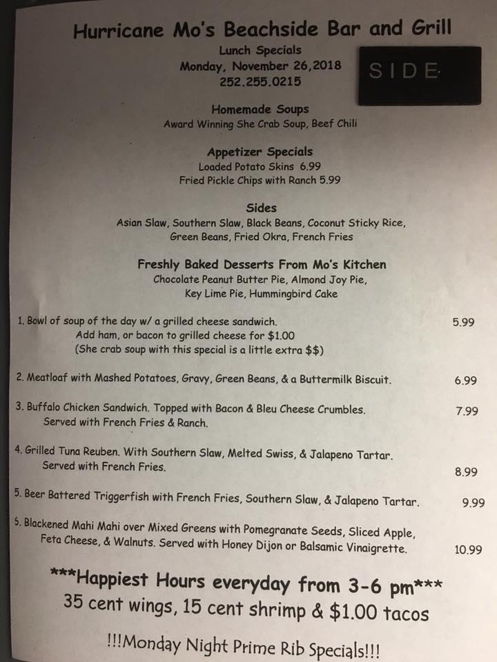 Menu at Hurricane Mo's Beachside Bar And Grill, Kitty Hawk